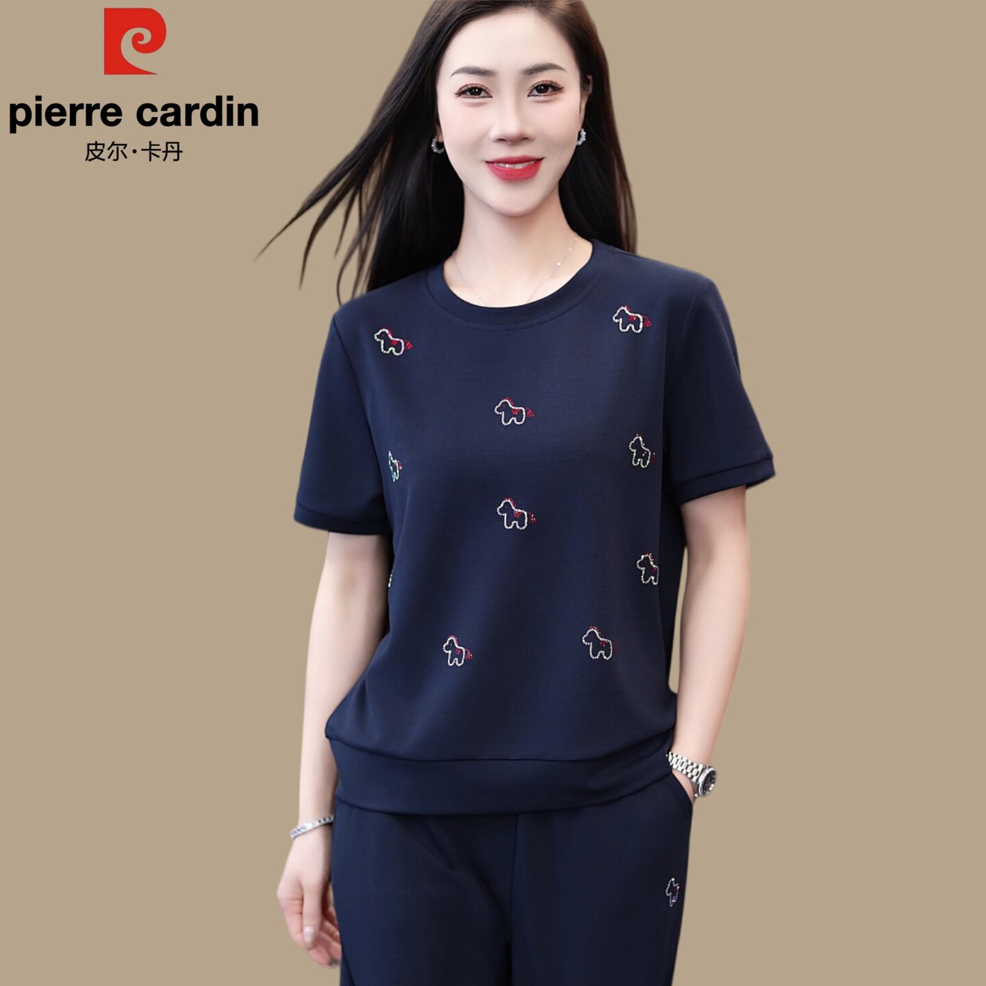 皮尔卡丹女士夏季宽松型短袖圆领休闲运动套装减龄显瘦妈妈两件套