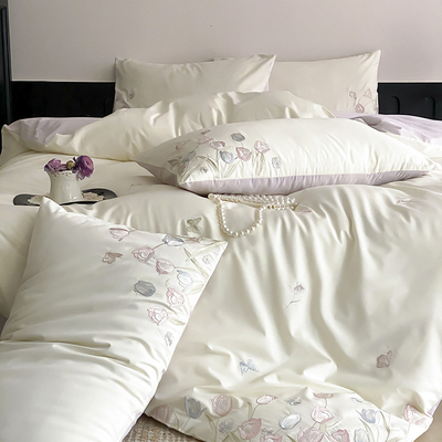 2025新款高端全棉水洗四件套纯棉轻奢刺绣被套床单床上用品床笠款