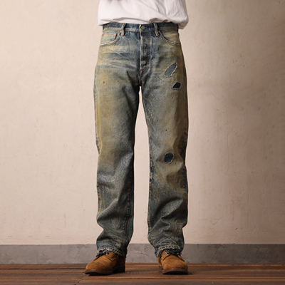 WIROTE威络 旧日光影黄泥水洗几何补丁 合身直筒赤耳牛仔裤