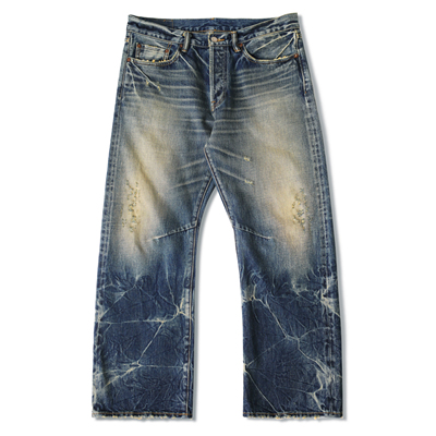 WIROTE威络 01午夜蓝扎花旧化洗水 宽松直筒赤耳牛仔裤