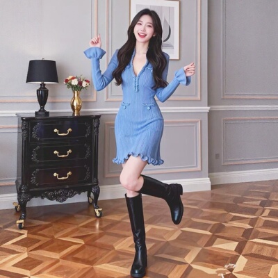 sp串珠小立领荷叶边鱼尾连衣裙女修身显瘦a字蓬蓬裙针织长袖裙子