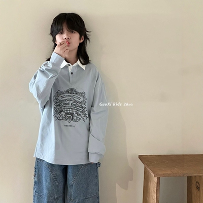GUOXI果皙26春夏儿童复古印花Polo衫男童撞色翻领长袖上衣纯棉T恤