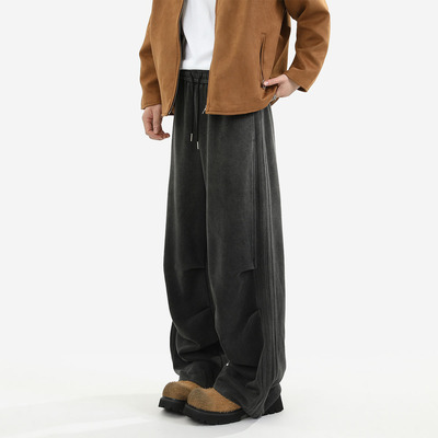 ZMOGEE美式水洗卫裤男春秋宽松百搭阔腿裤复古潮牌三条杠休闲长裤