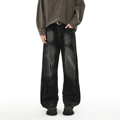 ZMOGEE直筒牛仔裤男秋季美式水洗复古做旧潮牌宽松百搭黑色长裤子