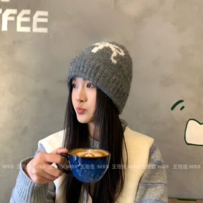 韩系灰色针织帽女蝴蝶结包头帽子