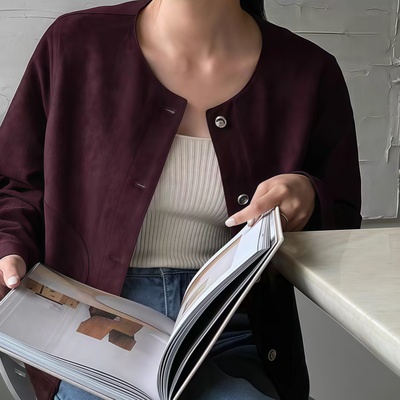 包邮~1771#韩系简约通勤圆领长袖精致纽扣宽松短款上衣  0.46KG