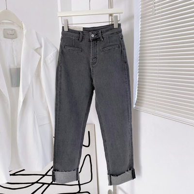 灰色毛边小直筒烟管牛仔裤