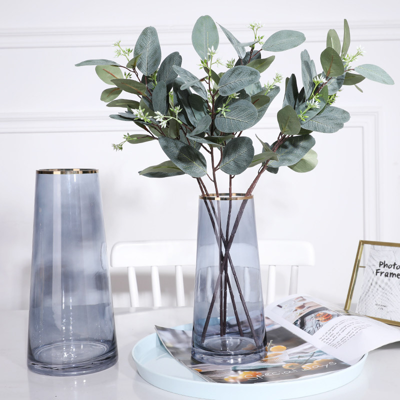 金边简约玻璃花瓶北欧轻奢透明插花瓶大号富贵竹水培客厅摆件_虎窝淘