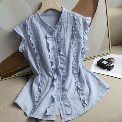 俏皮灵动 层次感木耳花边 立领无袖直筒透气麻纯色通勤背心C35623