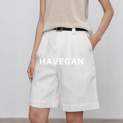 与间HAVEGAN/夏季宽松亚麻休闲裤女五分裤松弛感通勤百搭慵懒短裤