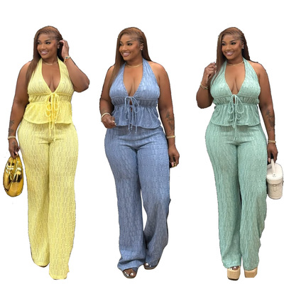 Women's casual backless top slim fit pants two-piece set