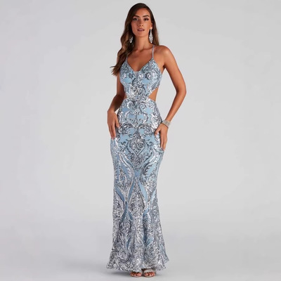 Sexy V-neck spaghetti strap evening dress elegant banquet