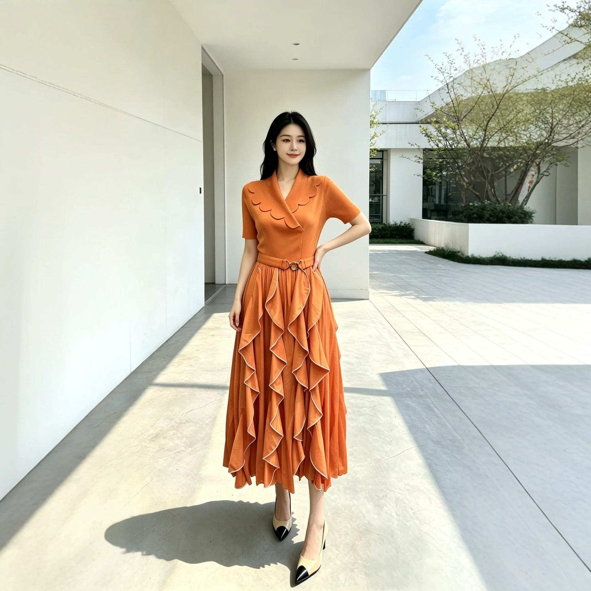 修身时尚拼接连衣裙系带薄款夏新款立体褶皱中长款女裙子优质日韩