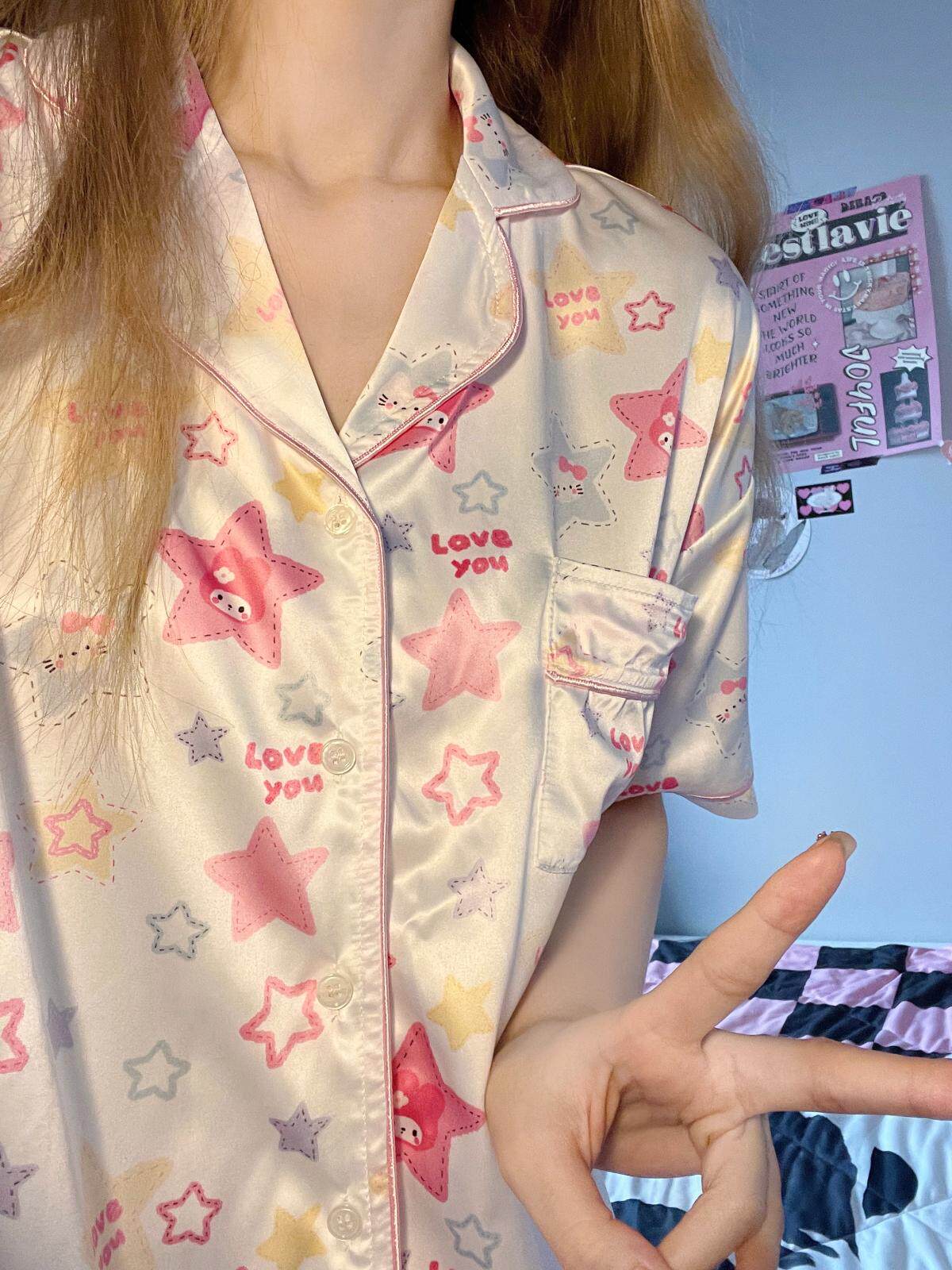 Ruibbit原创粉色印花睡衣短袖套装美乐蒂家居服少女可爱满印y2k