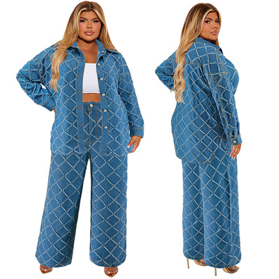 2026 Large size women's cardigan pants denim two-piece set