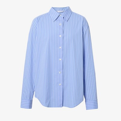 MM麦麦家2025秋季新款时尚休闲蓝色条纹长袖衬衫女上衣5GA123033