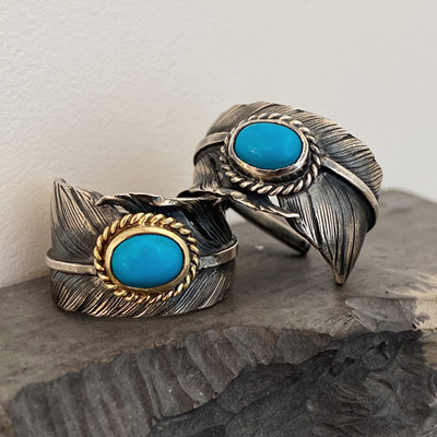 不同银匠 手作925纯银镶嵌松石羽毛开口戒指非高桥复古潮男女指环