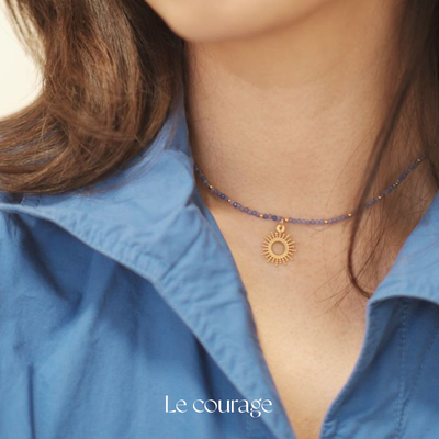 Le courage  法式 太阳与月亮 天然石镀18K吊坠 手工串珠项链