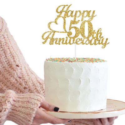 闪光撒粉金葱纸50年婚礼纪念日蛋糕插牌插件装饰50 Anniversary