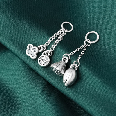 s999足银复古铜钱祥云并蒂莲流苏吊坠挂饰手绳手链项链diy配件