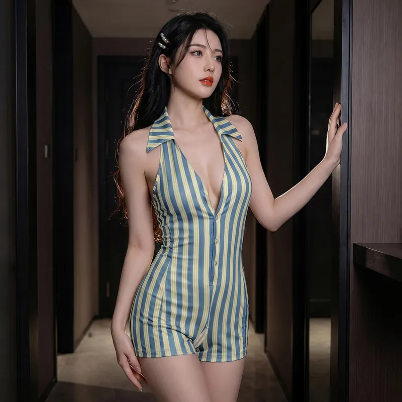 8103潮尚夜总会夫妻桑拿技师深V露沟大露背条纹印花裆免脱连体衣