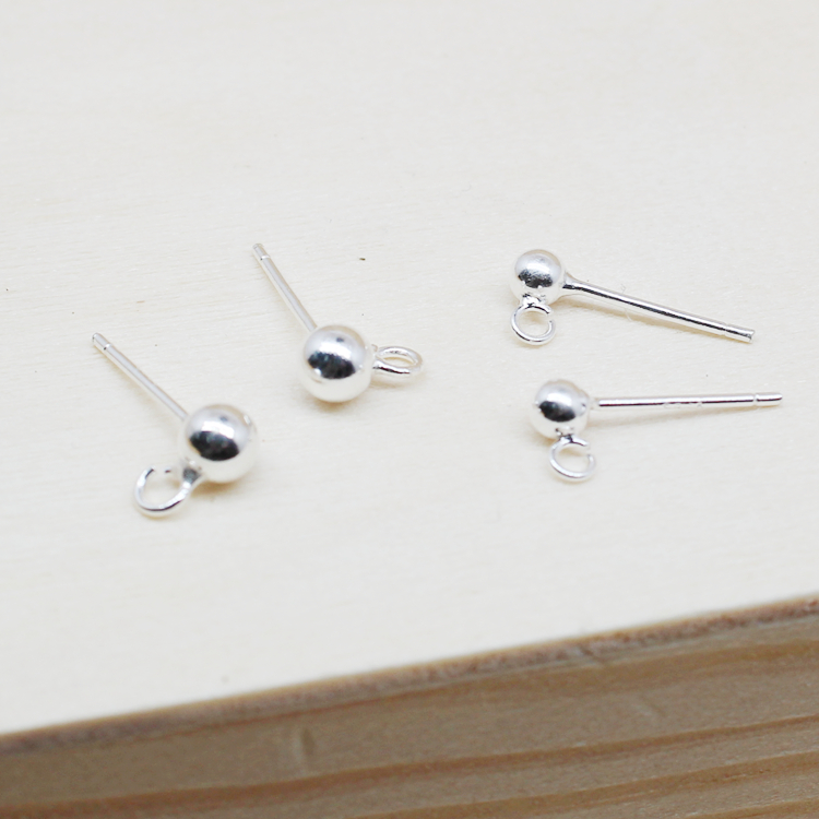 s925纯银带圈豆豆耳针手工diy配件自制耳环耳饰材料素银耳钉_虎窝淘