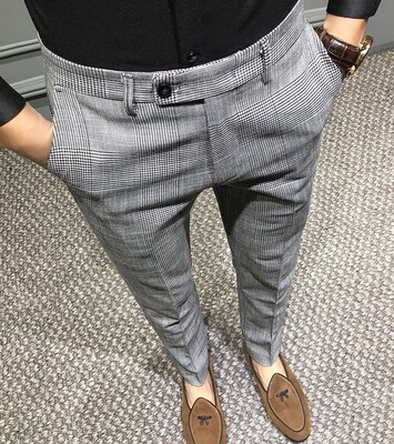 男士高个子加长版千鸟格西裤 190身高120厘米灰格子大长腿休闲裤