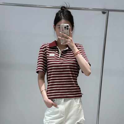 AVVENN2025秋季新品撞色螺纹领后背镂空条纹PoloT恤