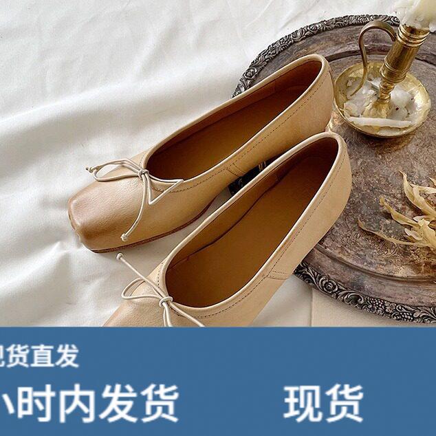 真皮方头芭蕾舞鞋女外穿粗跟猪鼻子法式复古芭蕾单鞋中跟玛丽珍鞋