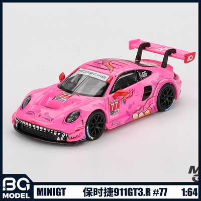 MINIGT1:64保时捷911GT3 R#77粉恐龙赛车合金汽车模型1052