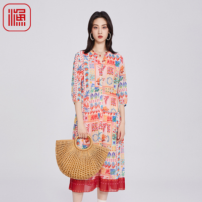 渔牌女装连衣裙2025新款宽松抽绳收腰印花休闲雪纺长裙子FGHA0029