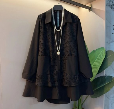 贵妃专属春款韩版高级感重工植绒显瘦遮肉轻奢气质衬衫裙2462