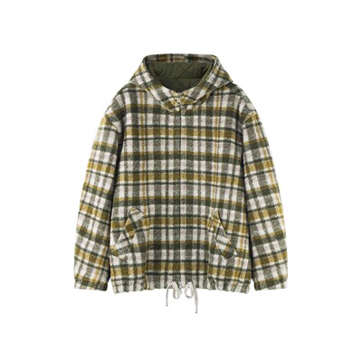 定制女装 绵羊毛马海毛格纹连帽外套宽松户外松弛复古上衣1129