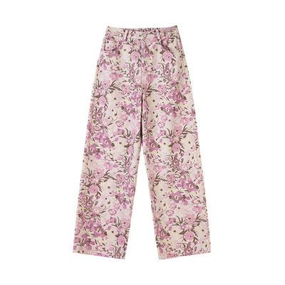 呼呼huhoo粉色满印花牛仔裤女阔