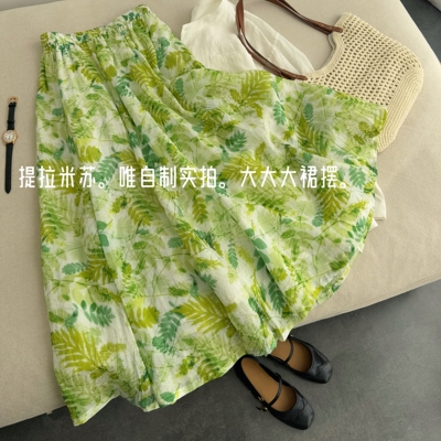 绿意盎然。独家定染天然100支苎麻酵洗A字中长款半身裙大裙摆自制