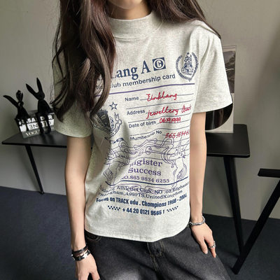 DUSK 美式复古印花正肩短袖T恤女高街头小高领显瘦夏季国潮牌上衣