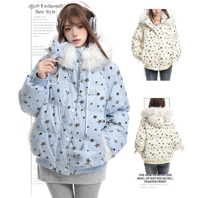 DUSK原创满印星星小熊毛绒连帽棉服女冬保暖面包服学院风棉衣外套