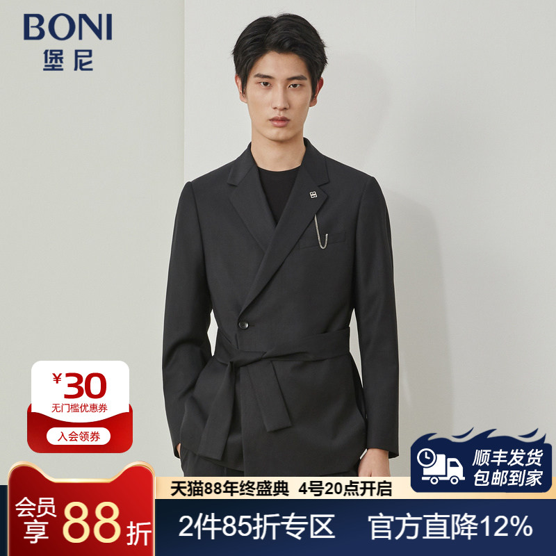 BONI/堡尼黑色平驳领偏门襟系带款羊毛混纺套西上装AN280141H