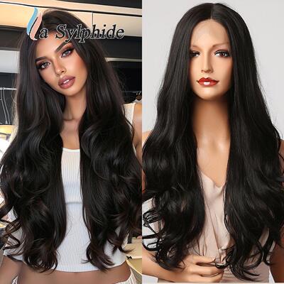 T part Lace wig black long wavy synthetic fiber for women