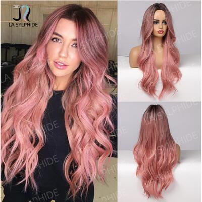 亚马逊Top粉色长卷发TEMU中分机制化纤欧美假发女Wigs