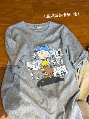 韩国4pi 巨爱～棒球手查理 卡通减龄全棉印花短袖T恤女包邮