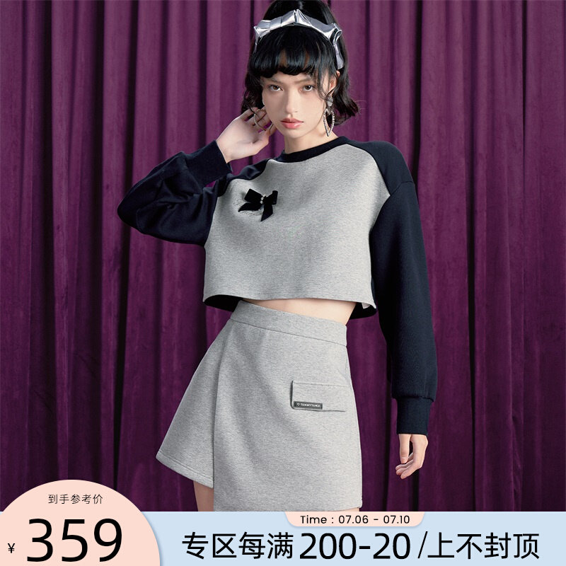 【商场同款】糖力2022秋季新款拼色钻饰蝴蝶结运动休闲卫衣套装女_虎窝淘