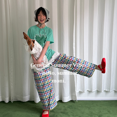 MONI 薄荷色印花宽松薄款T恤/彩色格子阔腿裤