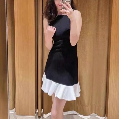 法单S家 2024春法式赫本风撞色荷叶边显瘦黑色鱼尾针织连衣裙女裙