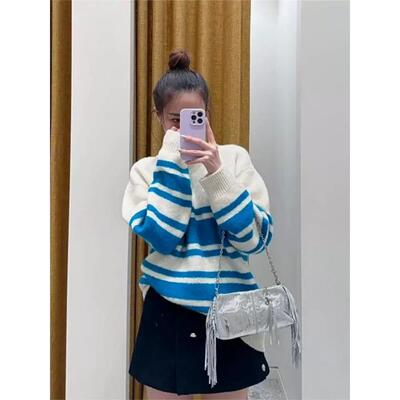 法单M家 25秋冬拼色宽条纹宽松圆领毛衣套头针织衫MFPPU00966