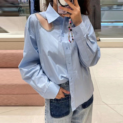 法单S家 24秋季新款休闲水滴镶钻浅蓝色棉质宽松通勤衬衣女上衣