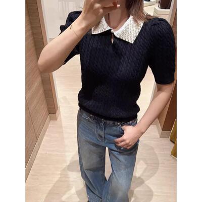 法单S家 2026春季新款法式黑色赫本风钉珠Polo领毛针织衫女上衣