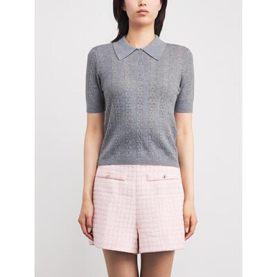 法单S家 2026春夏法式灰色简约镂空编织柔软POLO领短袖修身针织衫