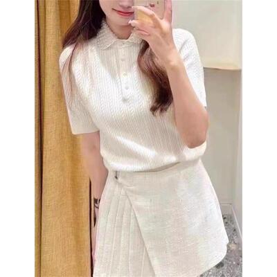 法单M家 25早春新款温柔甜美可爱螺纹polo珍珠领针织短袖上衣