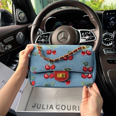 JULIACOURIER女包牛仔樱桃印花小方包包女2026新款链条单肩斜挎包